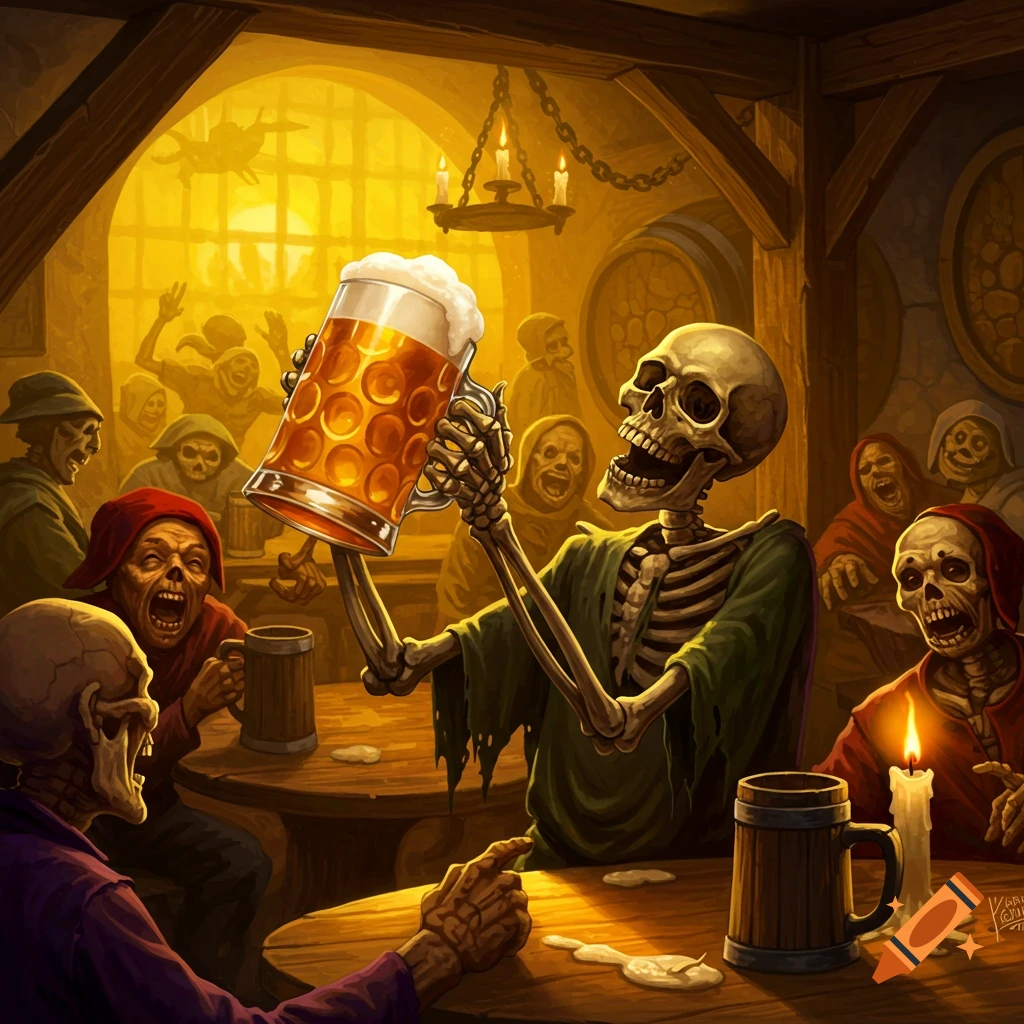 Digital painting of skeletons drinking beer in a crowded, warm tavern ...