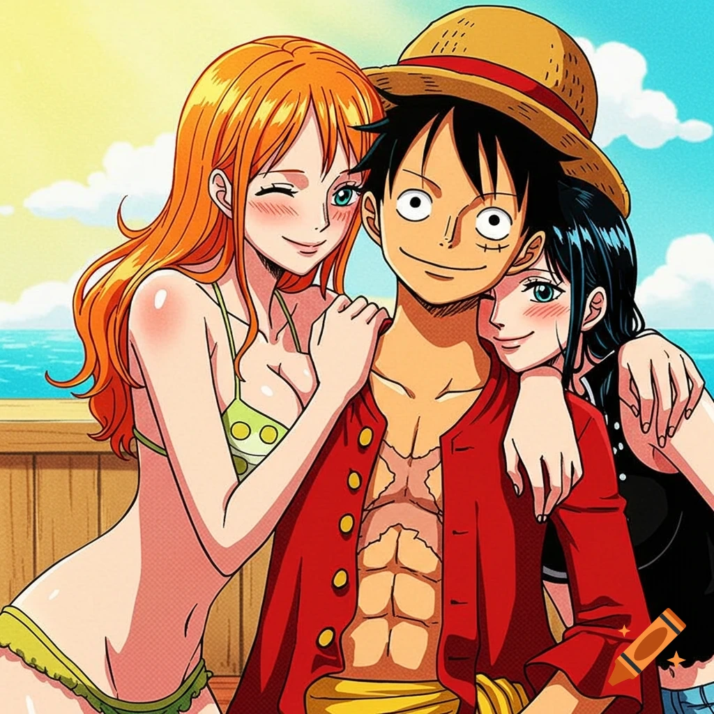 Nami and Robin affectionately with Luffy on Craiyon