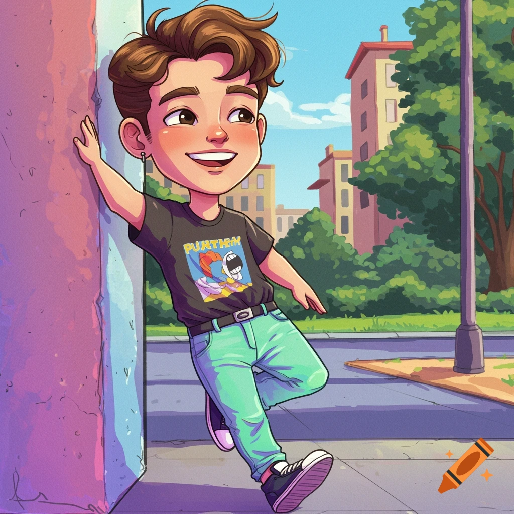 Cartoon boy leaning on a wall in a city street on Craiyon