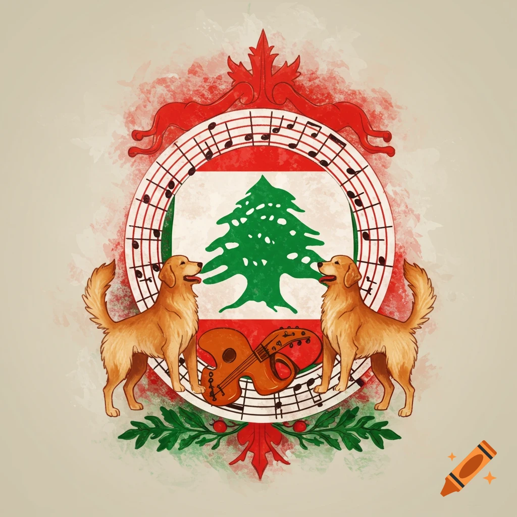 Watercolor crest with Lebanon flag, cedar tree, two golden retrievers ...
