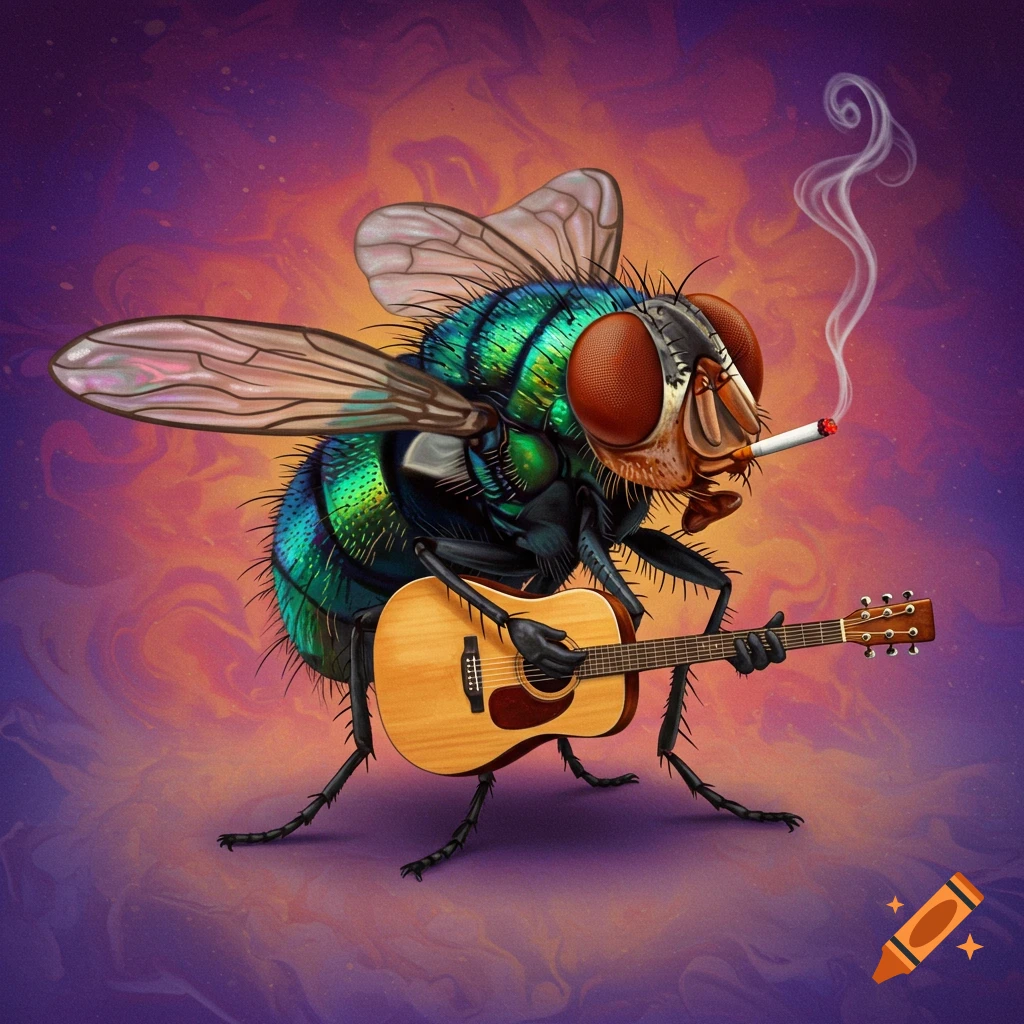A fly smoking a cigarette and holding a guitar on Craiyon
