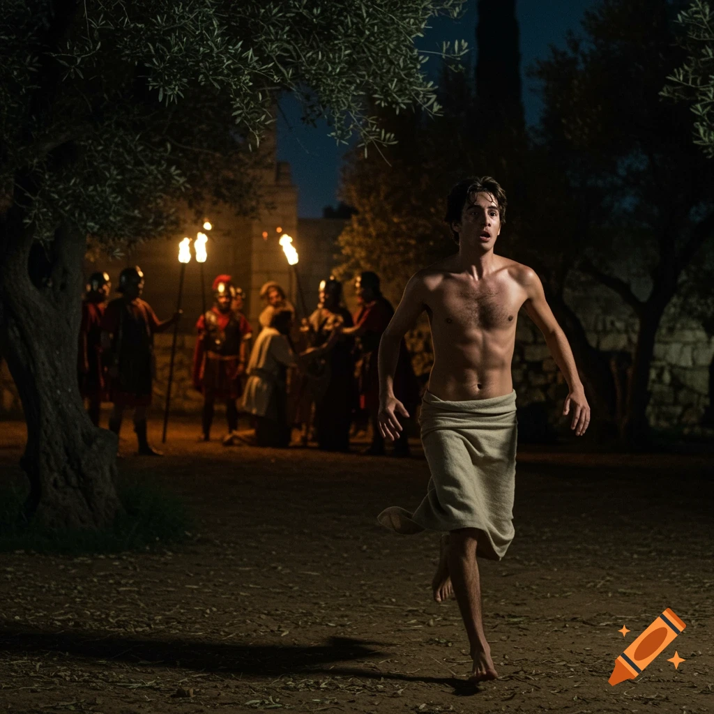 Young man flees Roman soldiers at night in an ancient garden. on Craiyon