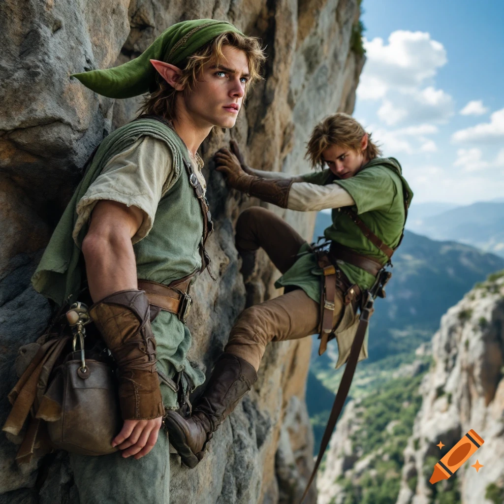 Two figures resembling Link from Legend of Zelda rock climbing a sheer ...