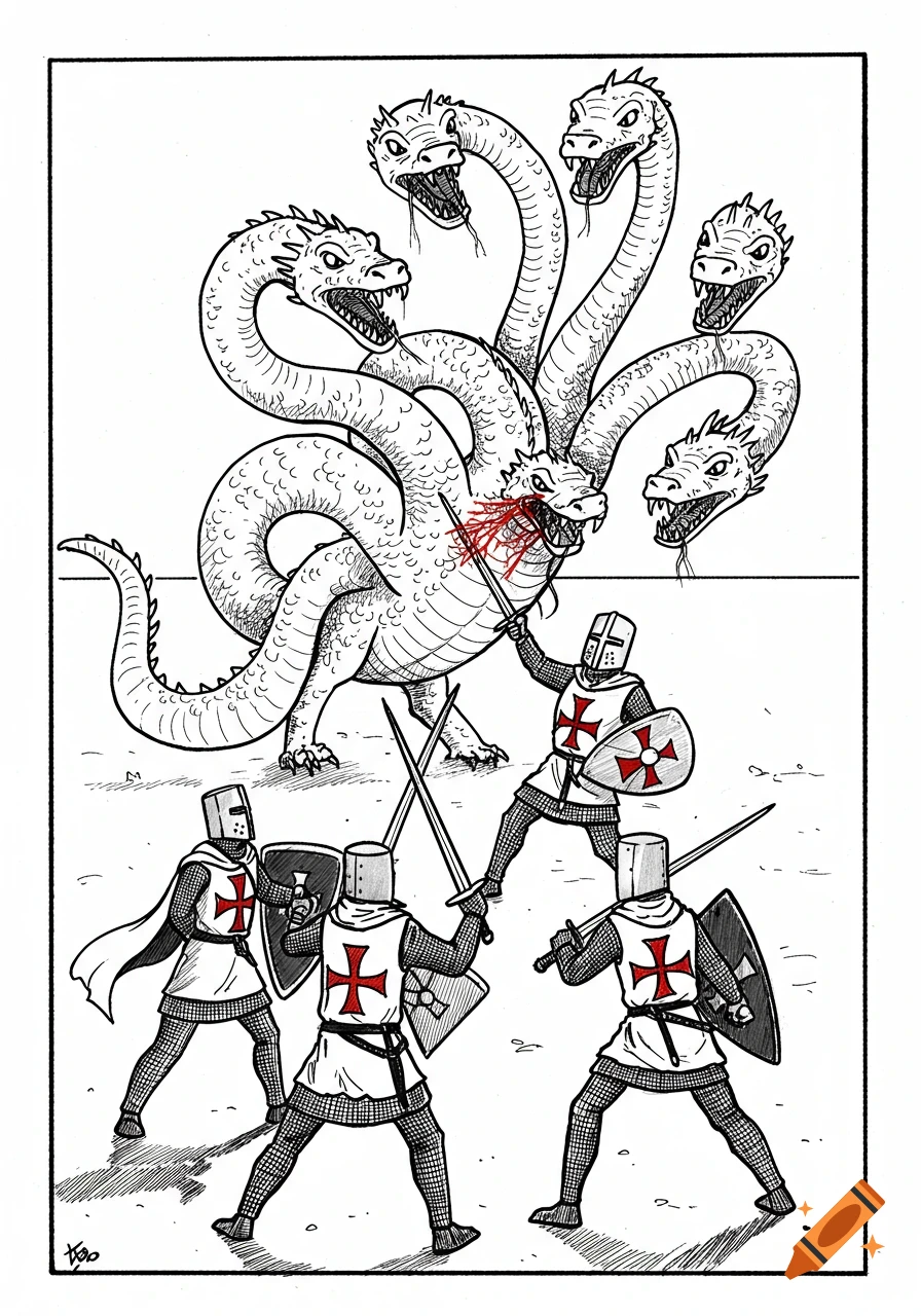 Black and white drawing of crusader knights fighting a hydra on Craiyon