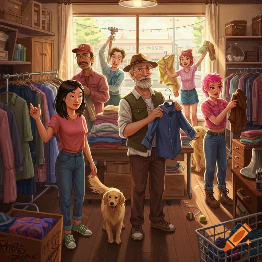 Illustrated scene of a girl happily shopping for clothes while stylized ...