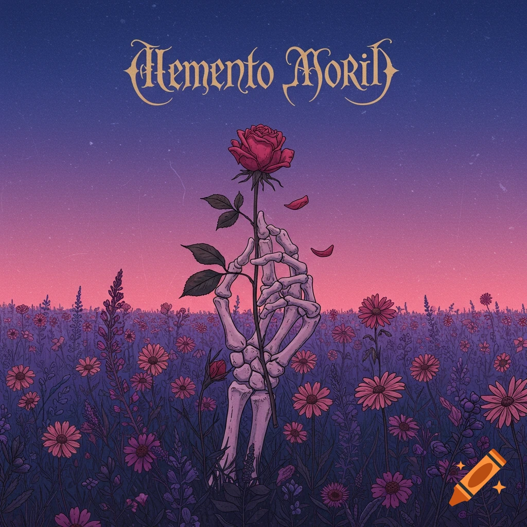 Illustration of a skeleton hand holding a red rose in a field of ...