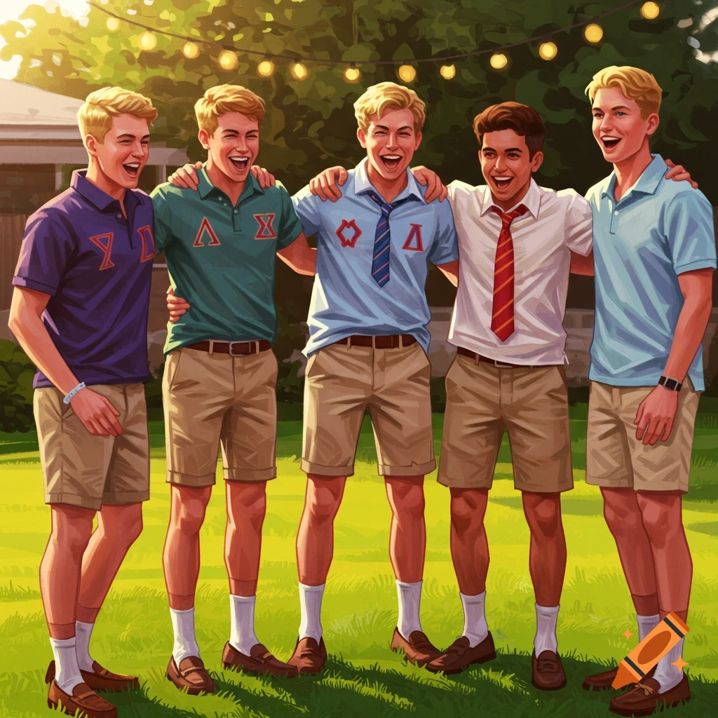 Five frat brothers, three blonde and two brunette on Craiyon