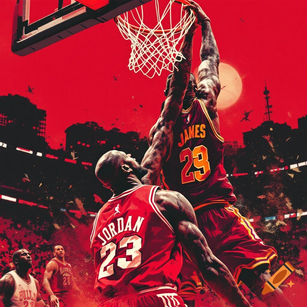 LeBron James dunking on Michael Jordan during a basketball game action ...