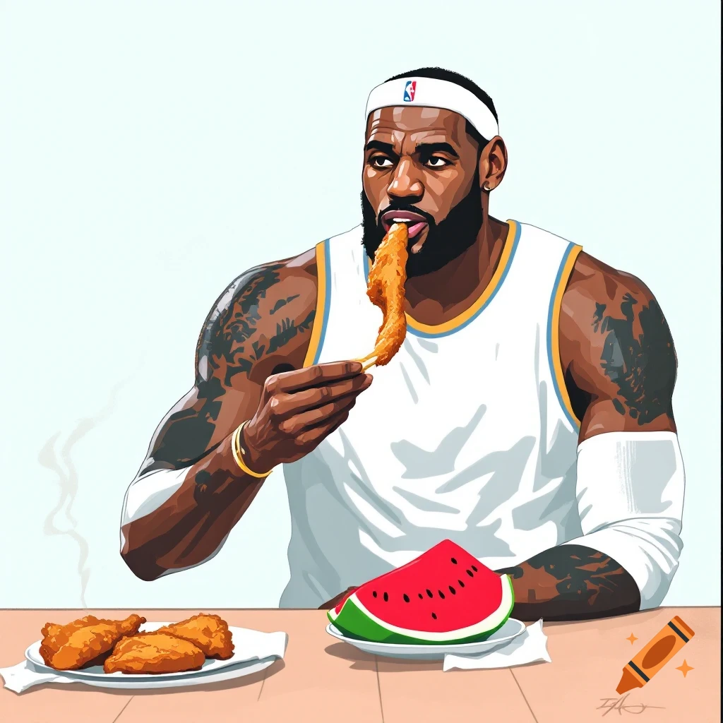 Illustration of a man resembling LeBron James eating fried chicken and ...
