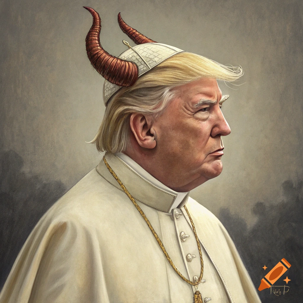 Illustration of Donald Trump dressed as the Pope with red devil horns ...