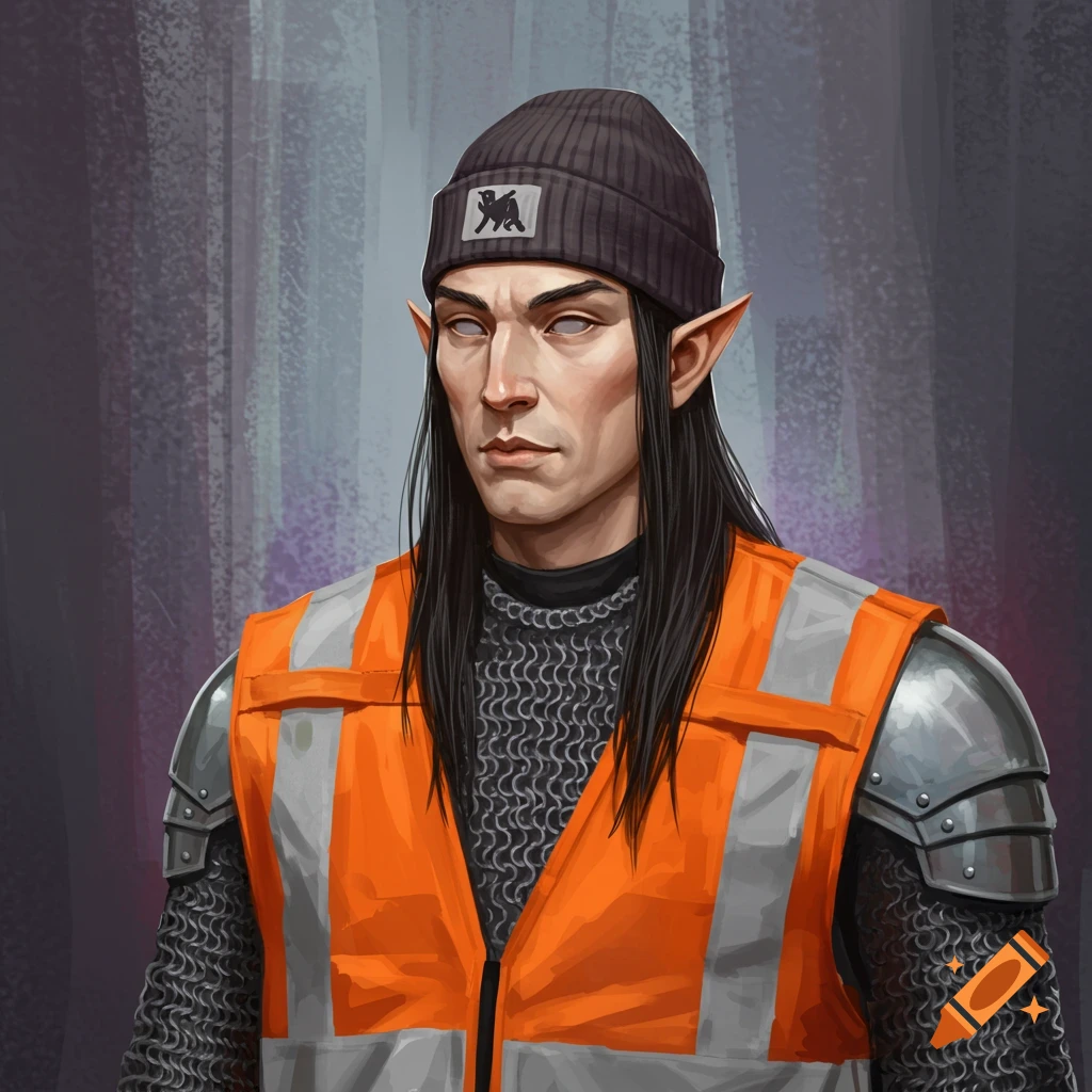 An elf in chainmail and an orange hi-vis vest, wearing a black beanie ...