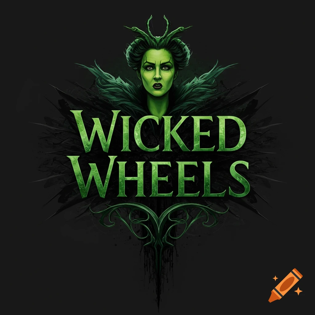 WICKED WHEELS wordmark in the style of the Wicked movie on Craiyon