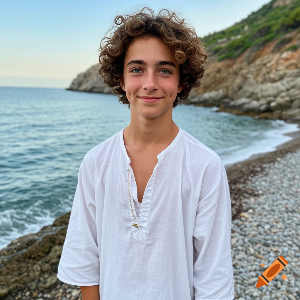 Italian boy in white tunic on rocky beach on Craiyon