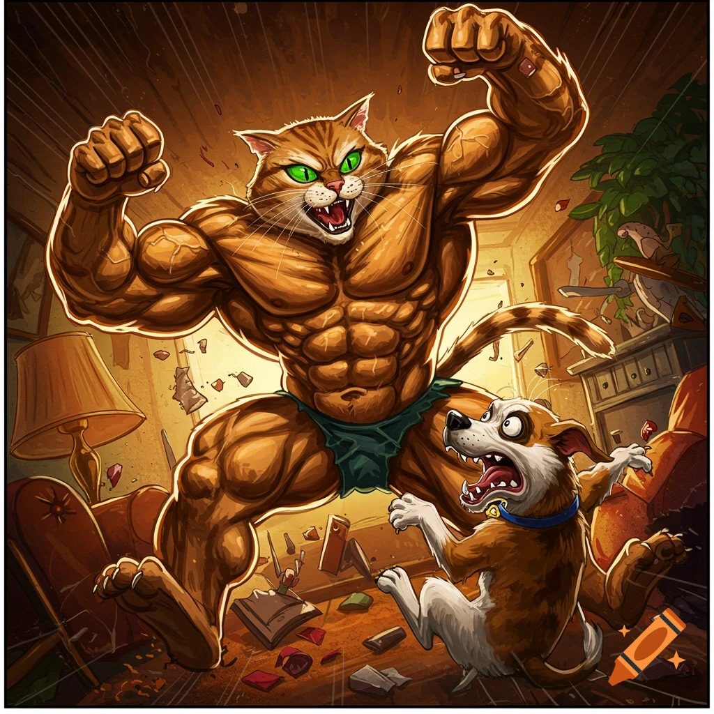 Buff cat beating up a dog on Craiyon