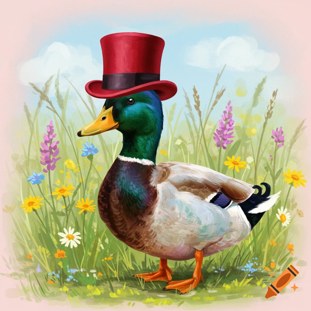 A mallard duck wearing red sandals and a backwards baseball cap stands ...