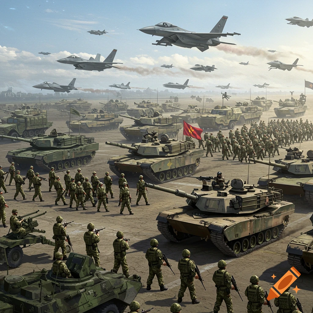 Tanks and planes lined up with marching army. on Craiyon