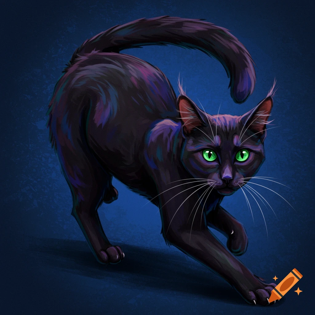 A stylized black cat with vibrant green eyes in a crouched, alert pose ...