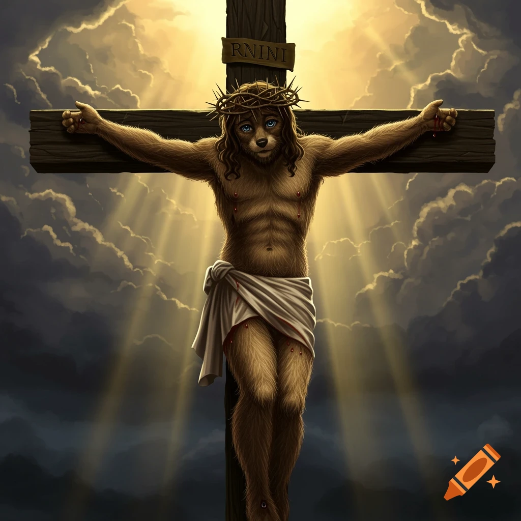 A furry character is depicted on a cross, suffering, bathed in golden light from the sky. on Craiyon