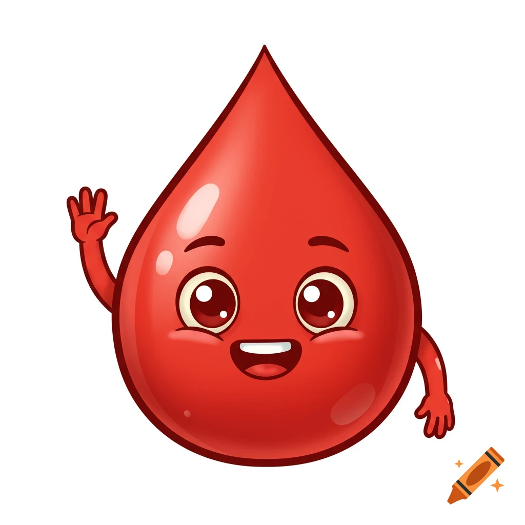 Cartoon red blood droplet character with a happy face, big eyes, and ...