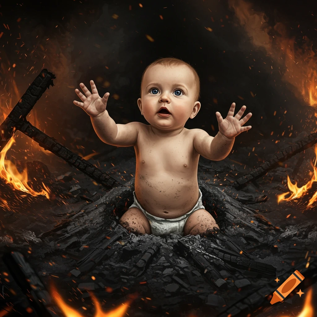 A baby rising from ash surrounded by fire with hands outstretched. on ...