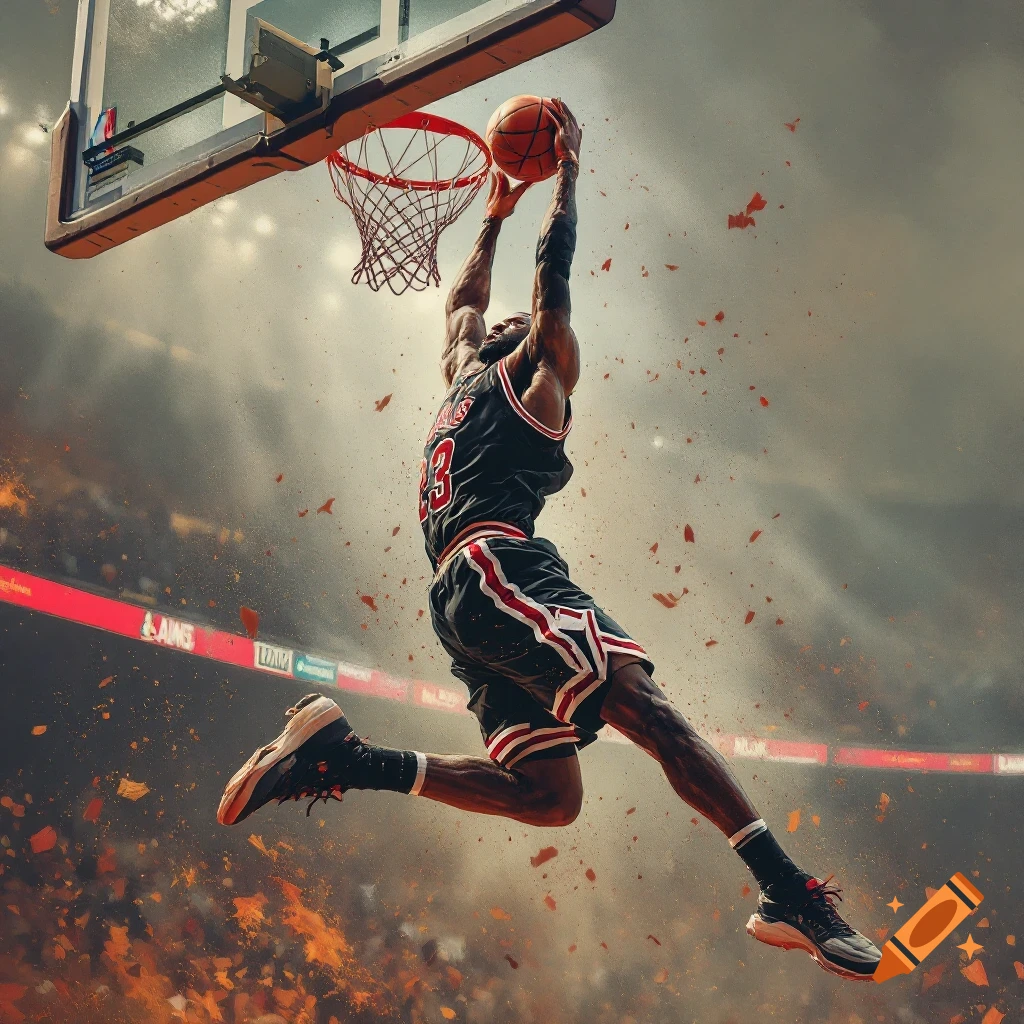 A basketball player dunks the ball into the hoop during a game, with ...