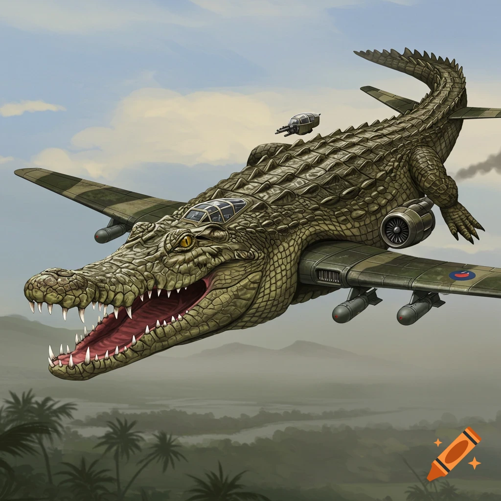 A crocodile bomber plane flying over a jungle landscape. on Craiyon