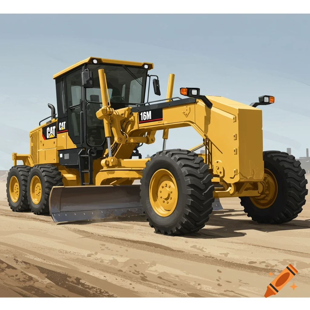 A yellow Caterpillar 16M grader on dirt. on Craiyon