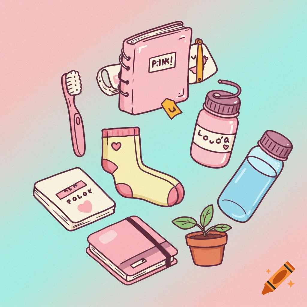 Cute illustration of assorted personal items including a toothbrush ...
