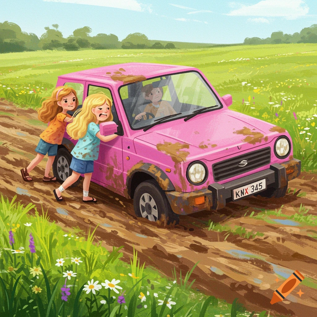 Girls struggling with car stuck in mud on Craiyon