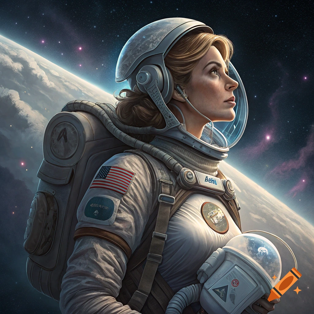 Female astronaut with breast pump jetpack floating in space on Craiyon