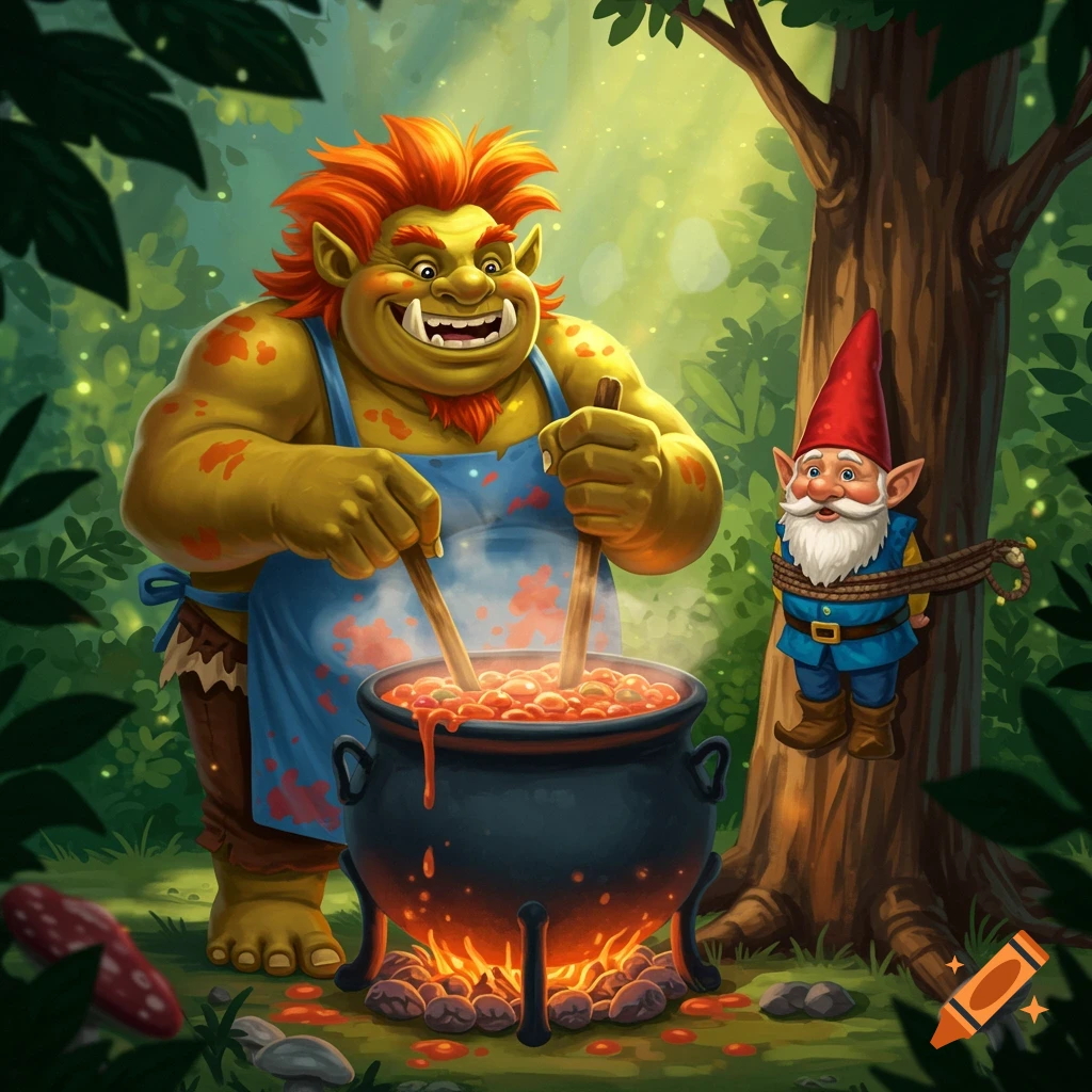 Ogre cooking a gnome on Craiyon