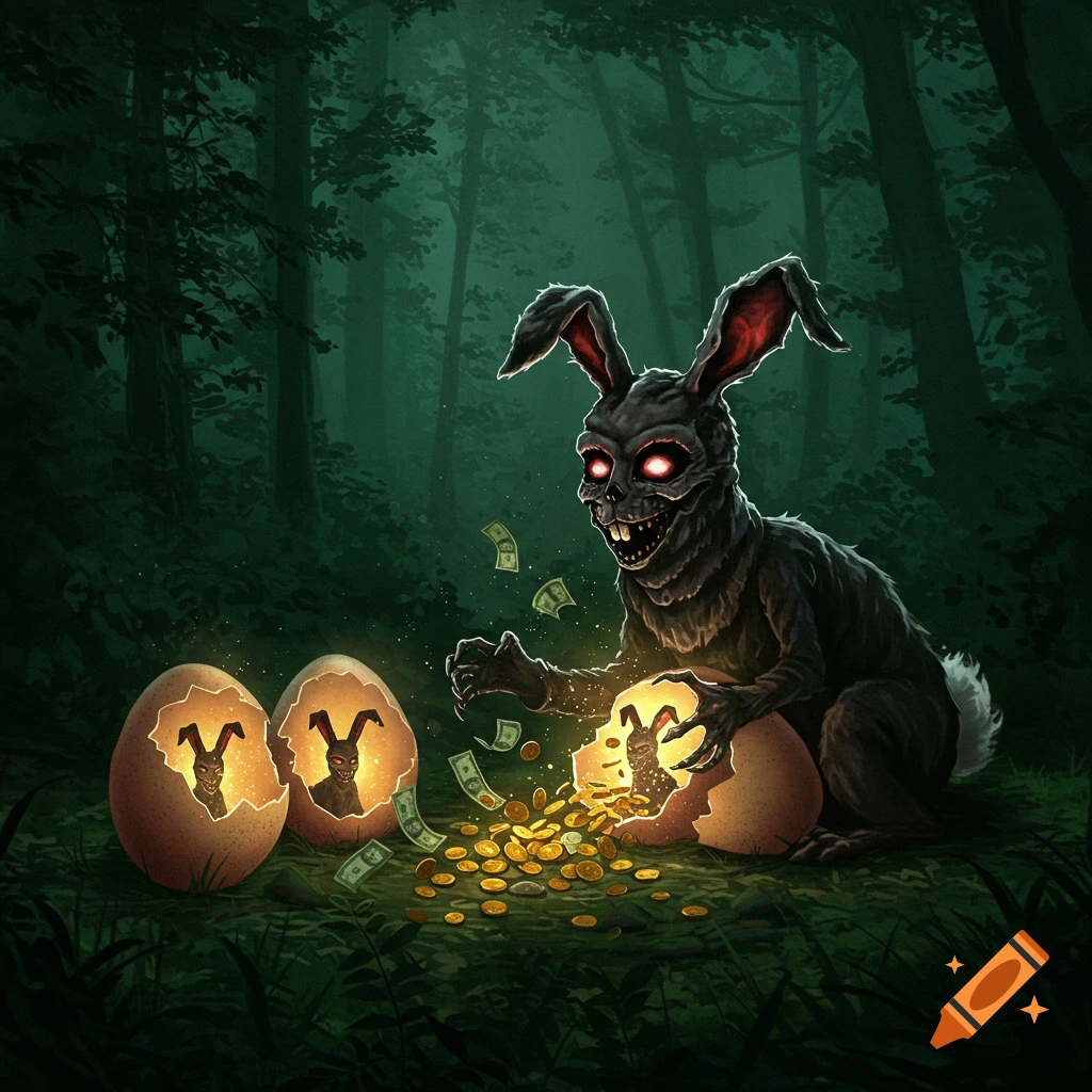 Half human, half Donnie Darko rabbit laying money-filled eggs in the ...