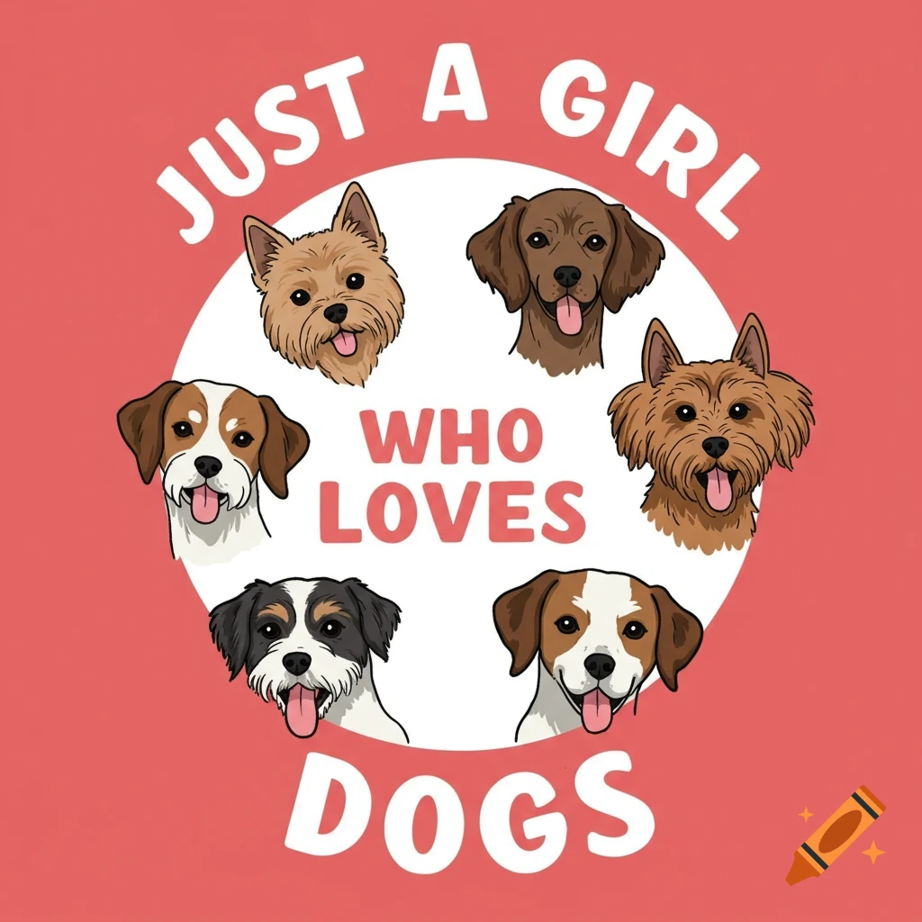 Illustration of six dog breeds with "Just a girl who loves dogs" text ...