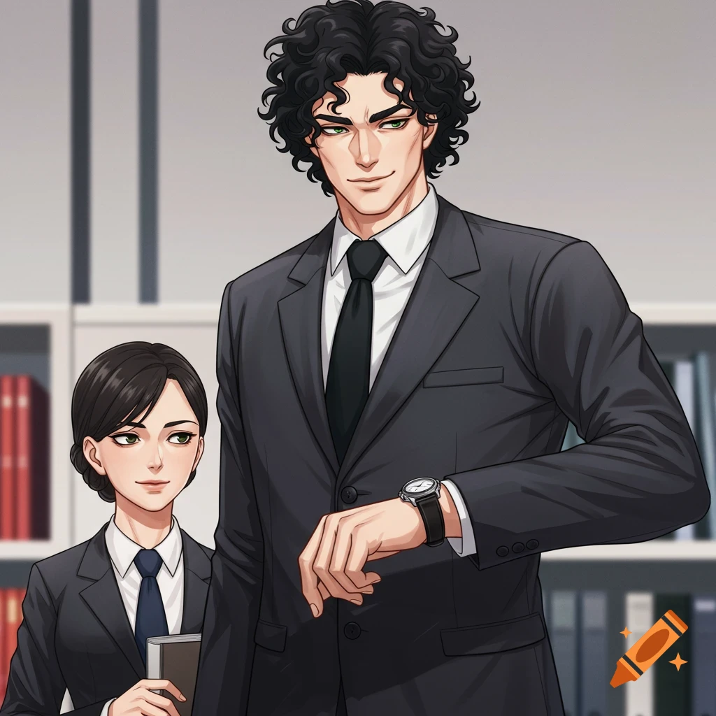 Anime illustration of a man in a suit checking his watch with a ...