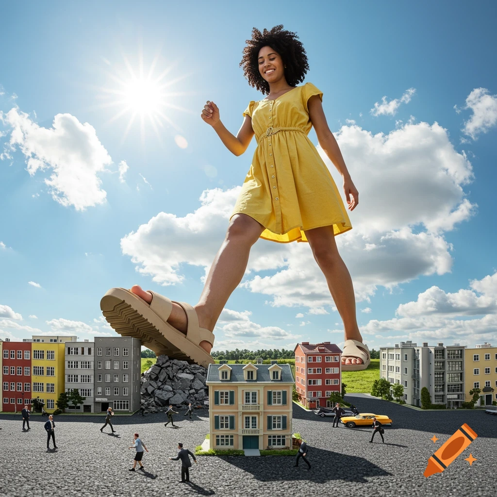 Giant Woman in a Yellow Dress Stepping on City Buildings as Tiny People ...