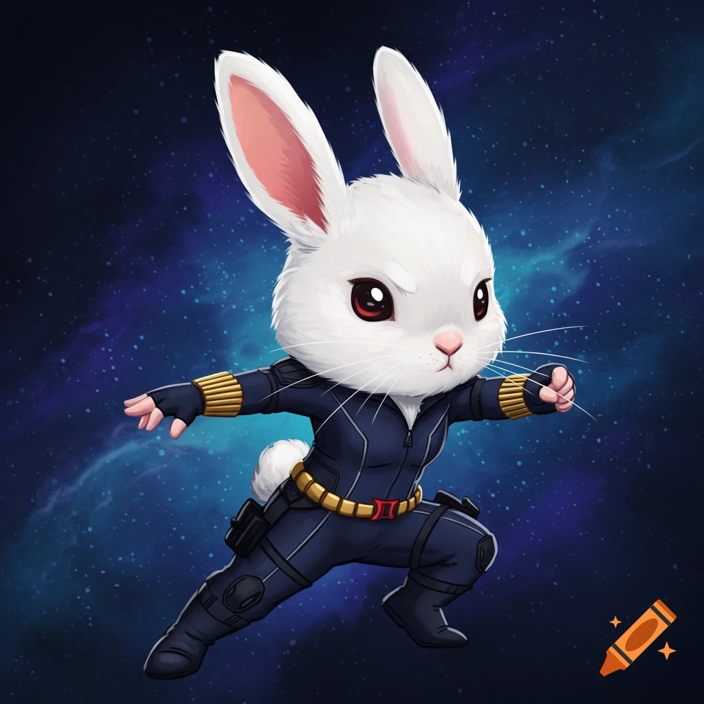 A cute white rabbit in a black superhero suit poses against a starry ...