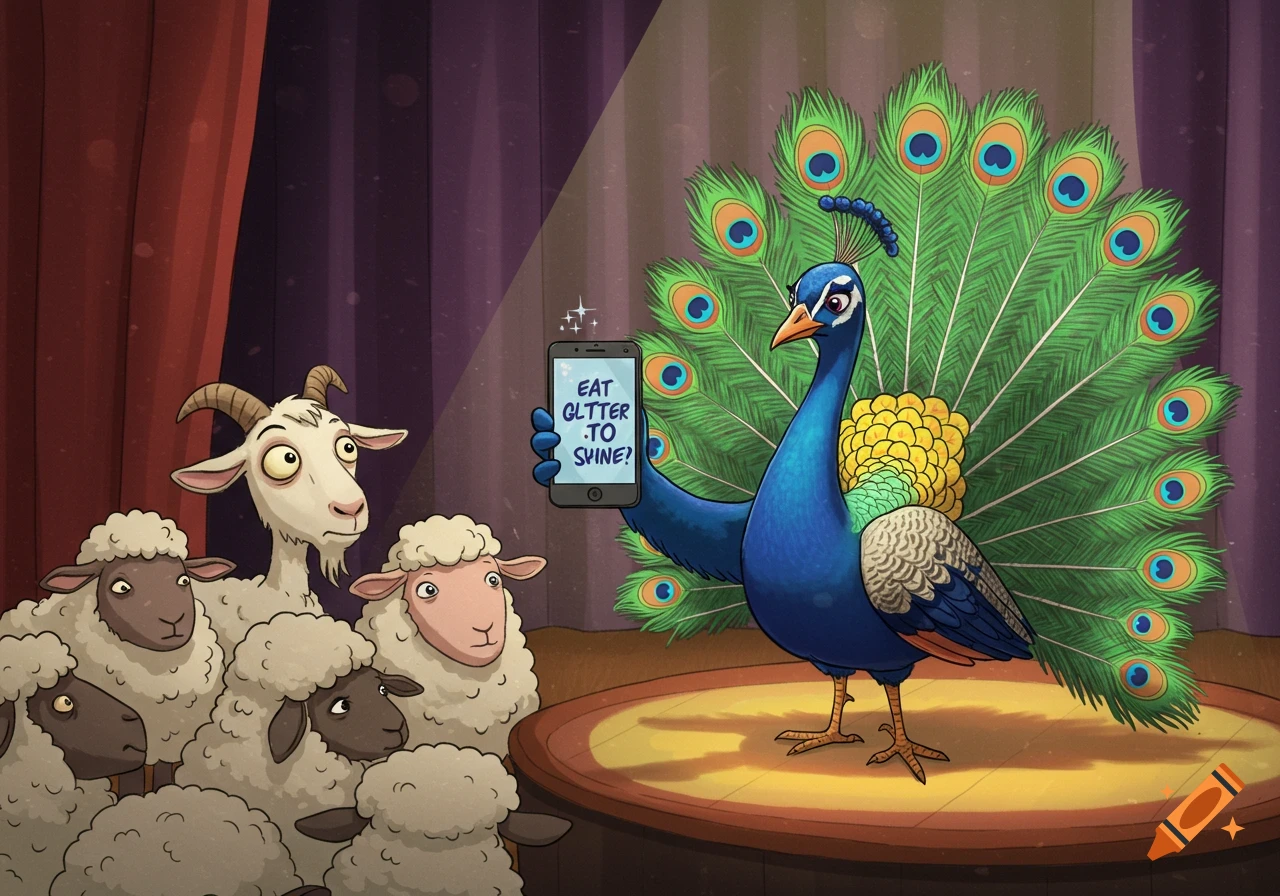 Cartoon peacock on stage with phone saying 'eat glitter to shine ...
