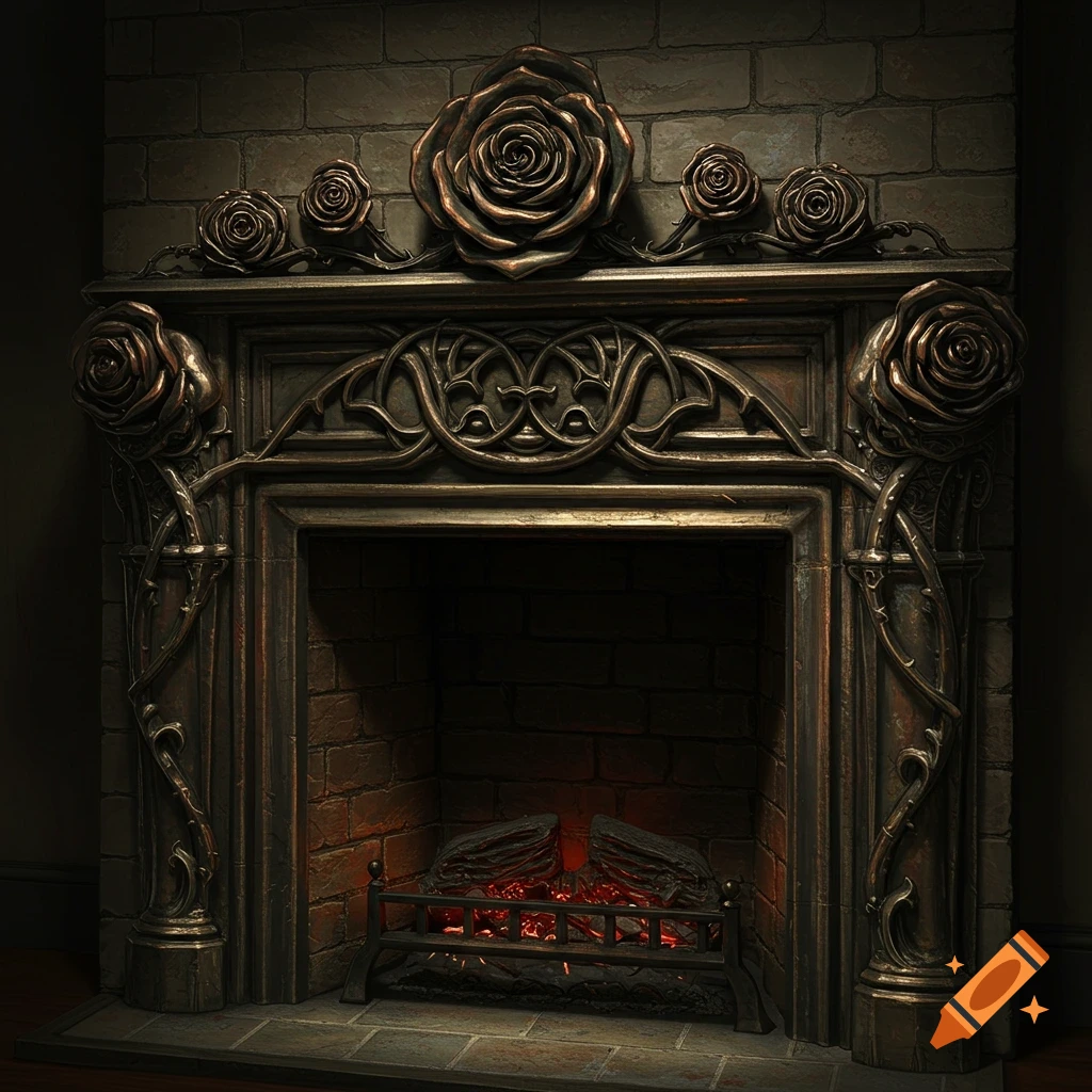 A detailed Gothic style fireplace mantle cast in bronze with ornate ...