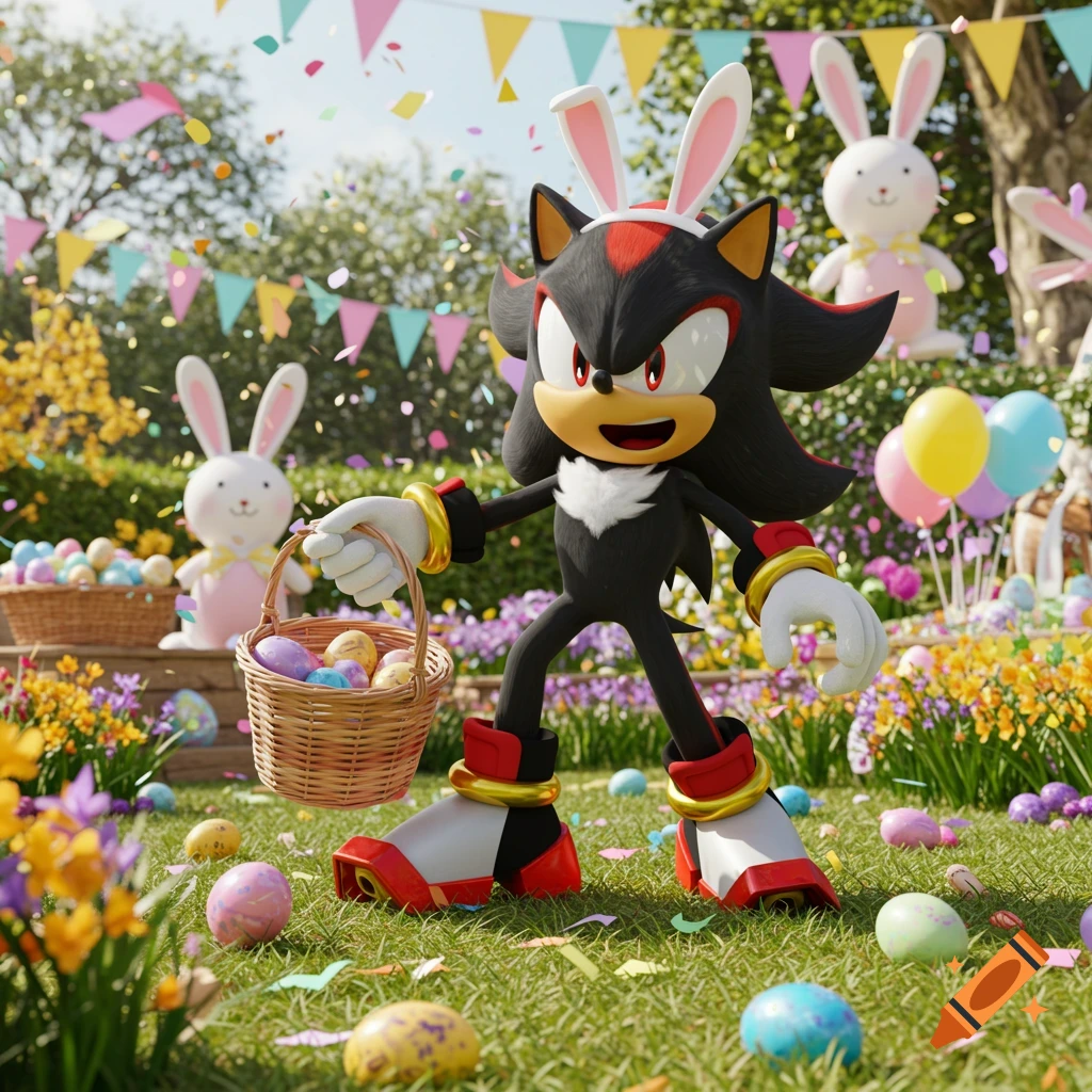 Shadow the Hedgehog celebrates Easter in a garden with eggs, confetti ...