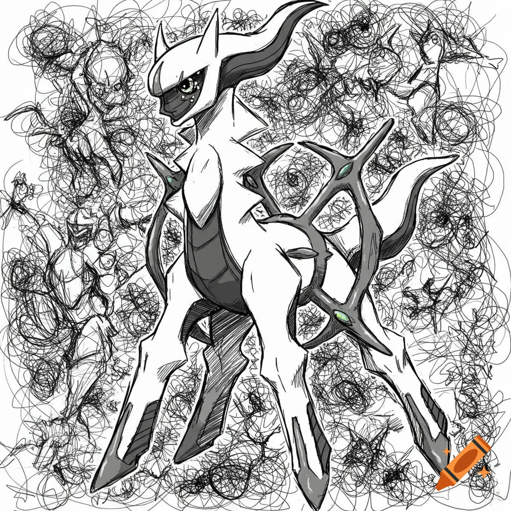 Arceus Pokemon in black and white anime art style on Craiyon