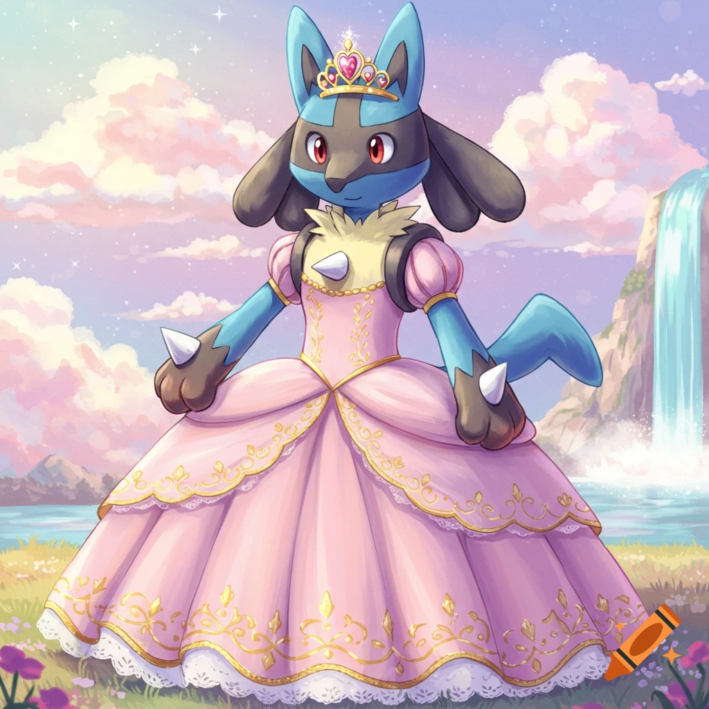 The Pokemon Lucario wearing a pink princess dress and tiara in a ...