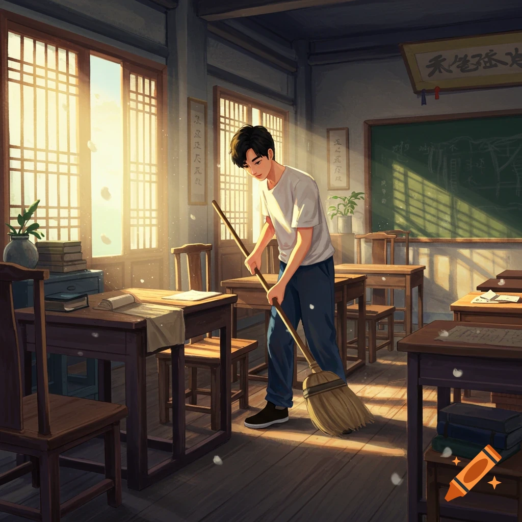 A person cleaning in a Chinese classroom on Craiyon