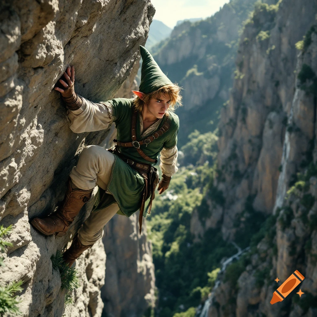 Thomas Brodie Sangster as Link rock climbing on Craiyon