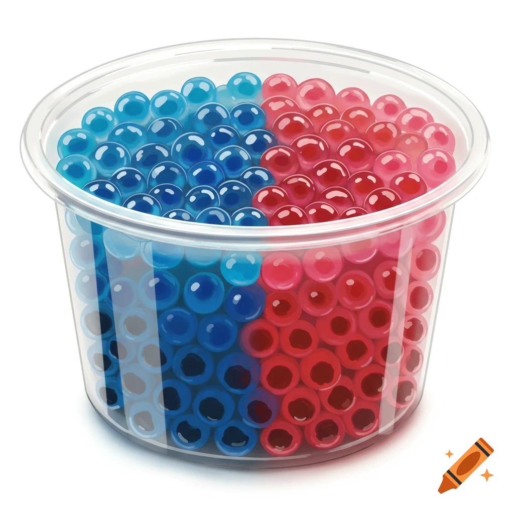 Boba pearls in a deli container, blue, red, and pink on Craiyon