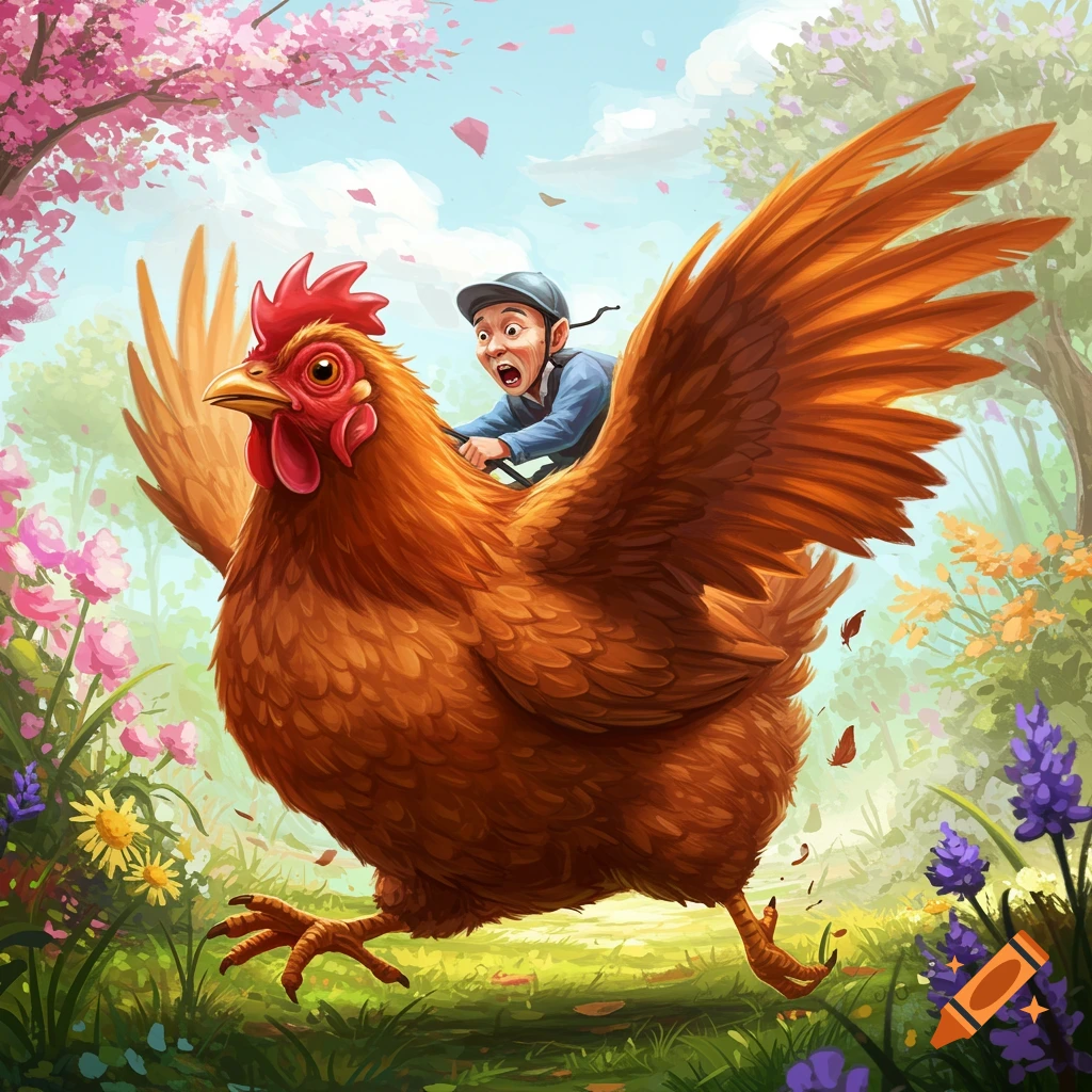 Illustration of a man riding a giant chicken through a colorful ...