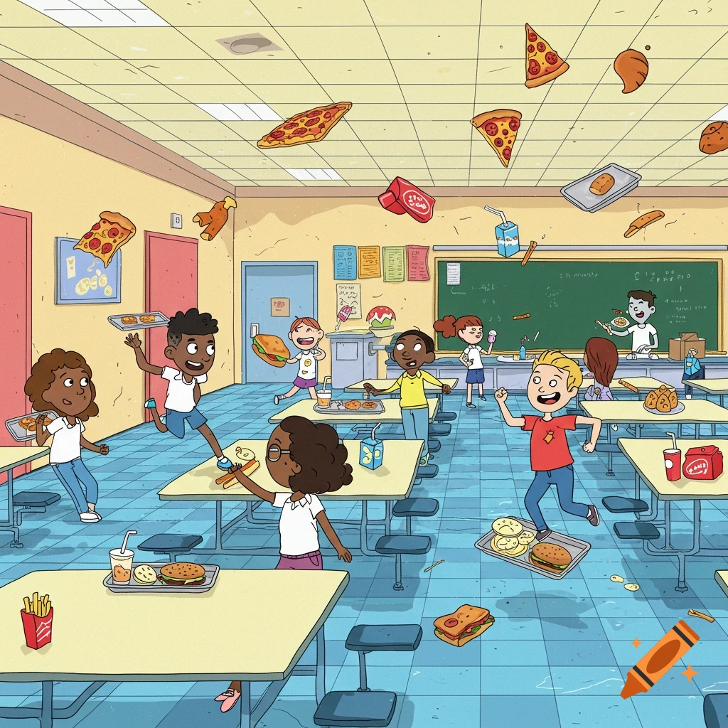Animated scene of children playing in a chaotic school cafeteria with ...