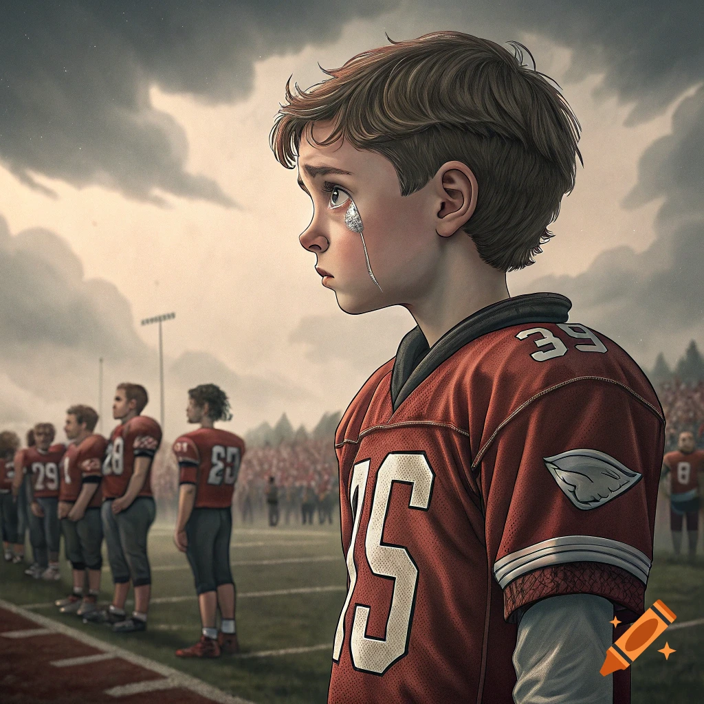 A ginger teenager holds a rugby ball on a sunny field with teammates in ...