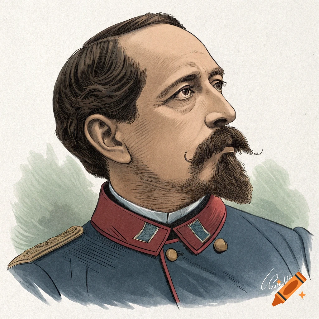 Color illustration portrait of a man in military uniform looking right ...