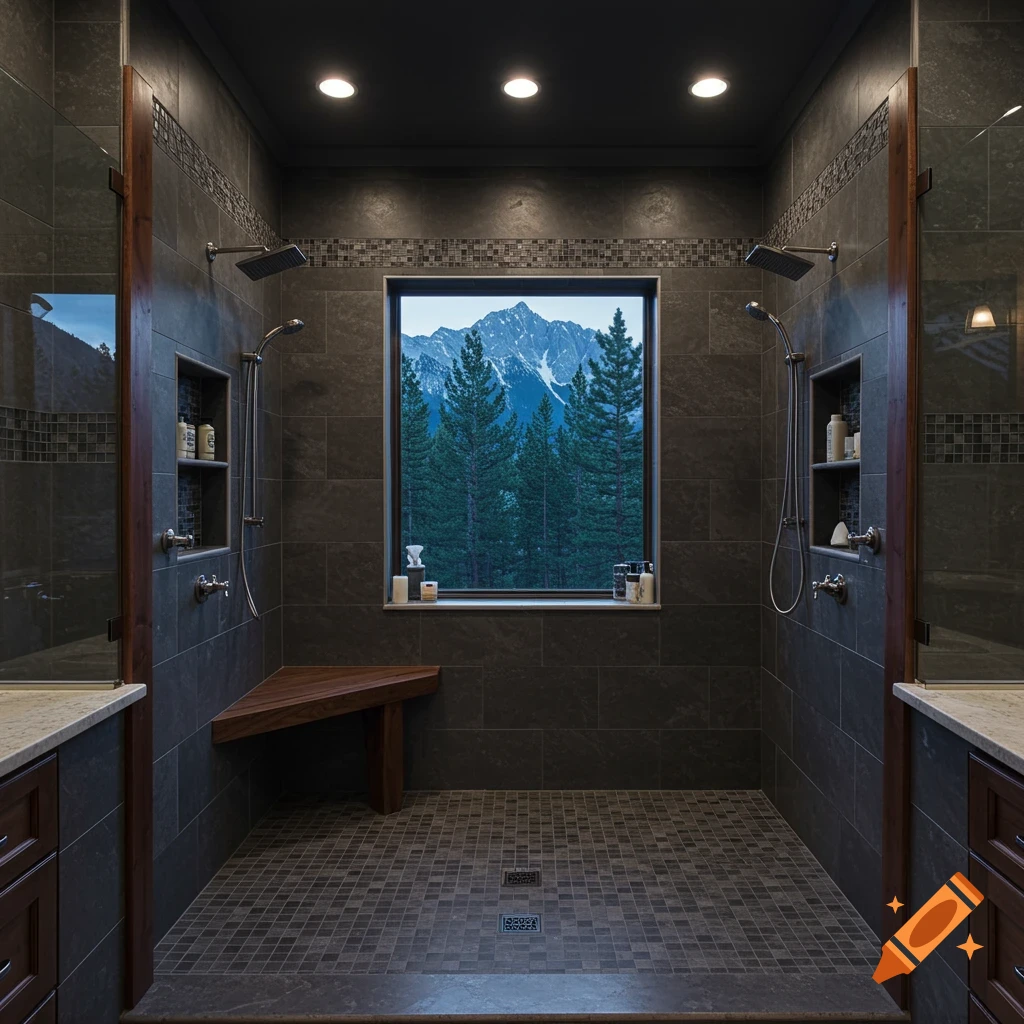 Large walk-in shower with dark colors, wood, pine trees, two shower ...