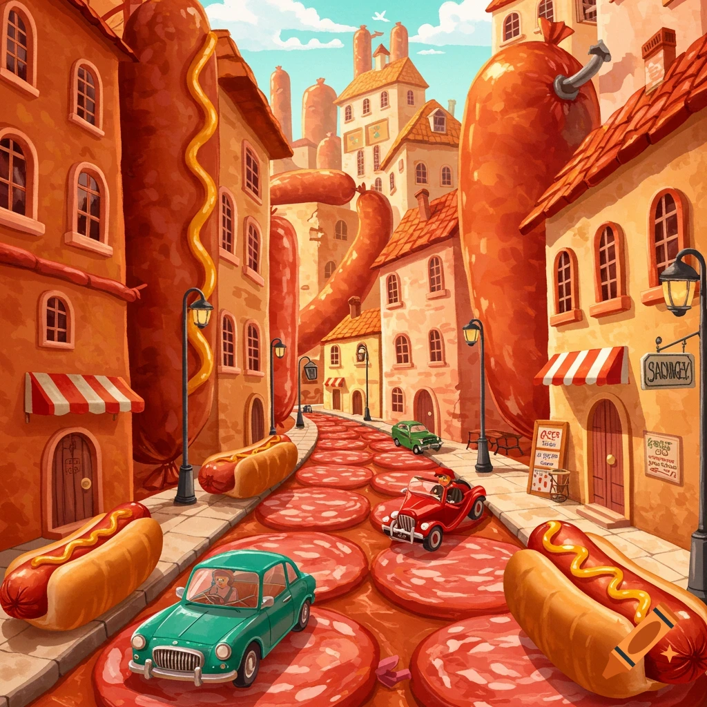 A surreal city built from large sausages with hot dog cars on a road of ...